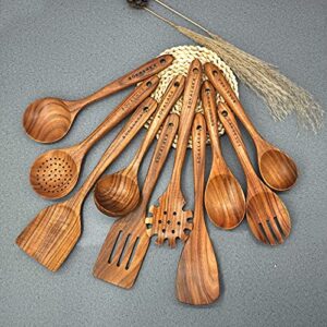 Wooden Spoons for Cooking,10 Pcs Natural Teak Wooden Kitchen Utensils Set Wooden Utensils for Cooking Wooden Cooking Utensils Wooden Spatulas for Cooking