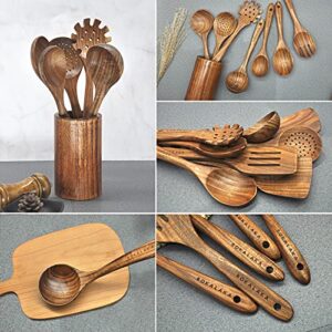 Wooden Spoons for Cooking,10 Pcs Natural Teak Wooden Kitchen Utensils Set Wooden Utensils for Cooking Wooden Cooking Utensils Wooden Spatulas for Cooking