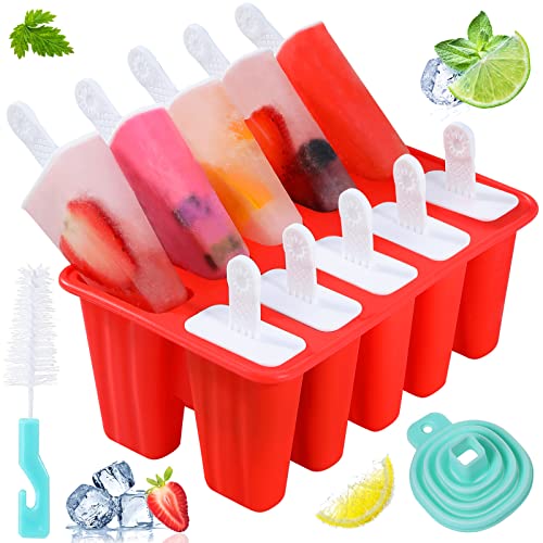 Popsicle Molds,Silicone Ice Pop Molds,BPA Free Popsicle Mold Reusable Easy Release Ice Pop Maker,Homemade Popsicle Mould with Silicone Funnel and Cleaning Brush(Red, 10 Cavities)