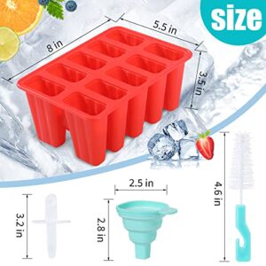 Popsicle Molds,Silicone Ice Pop Molds,BPA Free Popsicle Mold Reusable Easy Release Ice Pop Maker,Homemade Popsicle Mould with Silicone Funnel and Cleaning Brush(Red, 10 Cavities)