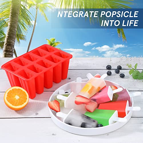 Popsicle Molds,Silicone Ice Pop Molds,BPA Free Popsicle Mold Reusable Easy Release Ice Pop Maker,Homemade Popsicle Mould with Silicone Funnel and Cleaning Brush(Red, 10 Cavities)