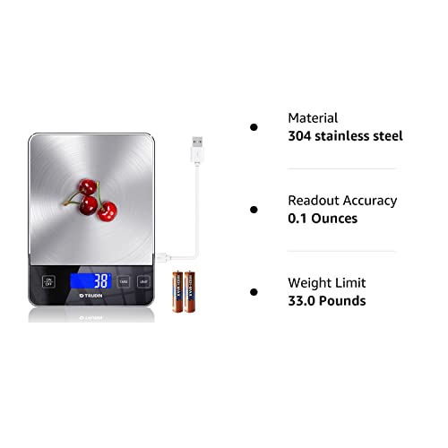 【NASA-Grade】33lb Food Kitchen Digital Scale,【Bread Meat Cookies Measures Precisely】Weight Grams and Ounces for Baking Cooking,1g/0.1oz Precise Graduation,304 Stainless Steel,Waterproof Tempered Glass