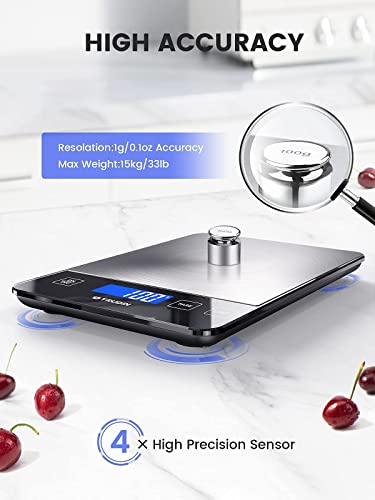 【NASA-Grade】33lb Food Kitchen Digital Scale,【Bread Meat Cookies Measures Precisely】Weight Grams and Ounces for Baking Cooking,1g/0.1oz Precise Graduation,304 Stainless Steel,Waterproof Tempered Glass