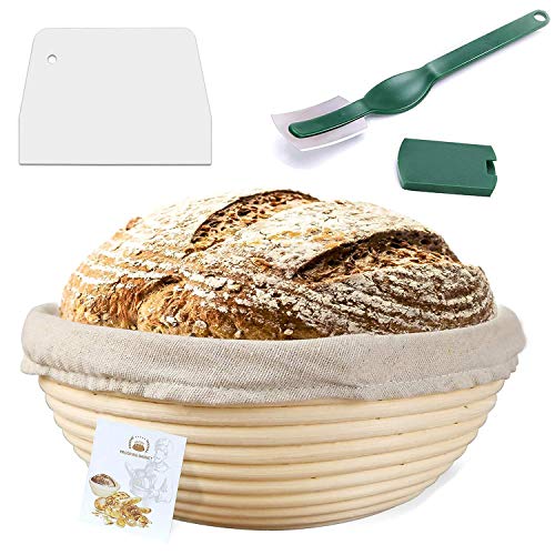 9 Inch Proofing Basket,WERTIOO Banneton Bread Proofing Basket + Bread Lame +Dough Scraper+ Linen Liner Cloth Sourdough Bread Baking Supplies