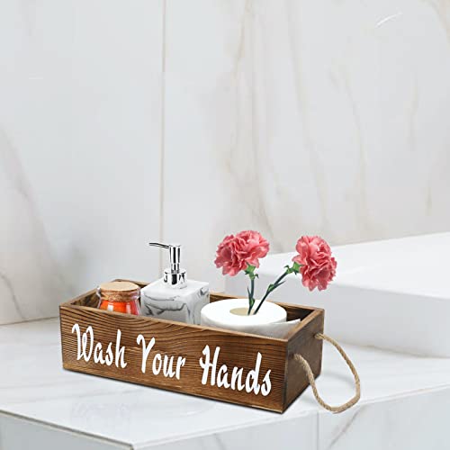 MEGREZ Bathroom Decor Box Bathroom Tray, 2 Sides Funny Saying Toilet Paper Holder, Rustic Wooden Farmhouse Decor Storage Box for Bathroom, Counter, Kitchen, Home Decor Paper Box, Wash Your Hands