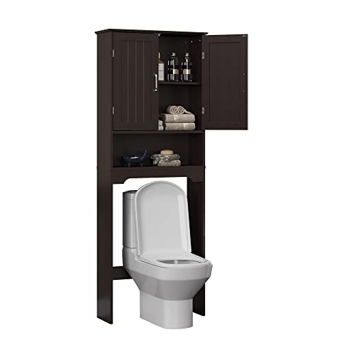 HOMEFORT Wood Over The Toilet Storage Cabinet, Freestanding Bathroom Spacesaver, Above Toilet Bathroom Shelf Organizer with Double Wood Doors and Adjustable Shelf,Espresso