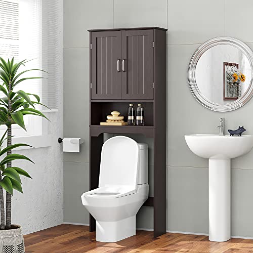 HOMEFORT Wood Over The Toilet Storage Cabinet, Freestanding Bathroom Spacesaver, Above Toilet Bathroom Shelf Organizer with Double Wood Doors and Adjustable Shelf,Espresso