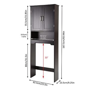 HOMEFORT Wood Over The Toilet Storage Cabinet, Freestanding Bathroom Spacesaver, Above Toilet Bathroom Shelf Organizer with Double Wood Doors and Adjustable Shelf,Espresso