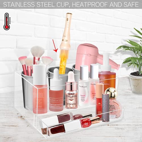 Hair Tool Organizer, Clear Acrylic Hair Dryer Holder and Hair Tools Organizer with Drawer, Bathroom Vanity Countertop Storage Organizer for Blow Dryer, Curling Irons, Makeup, Toiletries (Clear)