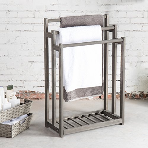 MyGift Freestanding Vintage Gray Wood Towel Rack Stand with 3 Tier Bath Towel Bar and Bottom Storage Shelf