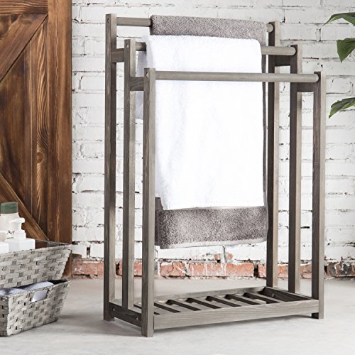 MyGift Freestanding Vintage Gray Wood Towel Rack Stand with 3 Tier Bath Towel Bar and Bottom Storage Shelf