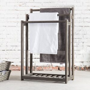 MyGift Freestanding Vintage Gray Wood Towel Rack Stand with 3 Tier Bath Towel Bar and Bottom Storage Shelf