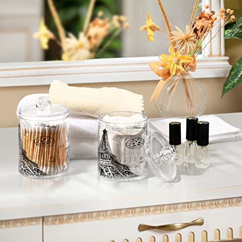 WELLDAY Apothecary Jars Bathroom Storage Organizer with Lid - 14 oz Qtip Holder Storage Canister, Paris Eiffel Tower Clear Plastic Jar for Cotton Swab, Cotton Ball, Floss Picks, Makeup Sponges,Hair Cl