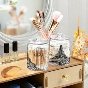 WELLDAY Apothecary Jars Bathroom Storage Organizer with Lid - 14 oz Qtip Holder Storage Canister, Paris Eiffel Tower Clear Plastic Jar for Cotton Swab, Cotton Ball, Floss Picks, Makeup Sponges,Hair Cl