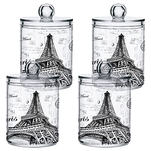 WELLDAY Apothecary Jars Bathroom Storage Organizer with Lid - 14 oz Qtip Holder Storage Canister, Paris Eiffel Tower Clear Plastic Jar for Cotton Swab, Cotton Ball, Floss Picks, Makeup Sponges,Hair Cl