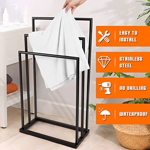 3 Tiers Stainless Steel Towel Rack, 3 Bars Free Standing Towel Rack, Holder Drying Stand Towel for Bathroom, Hand Towel Drying Rack Stand, Black Towel Rack, Next to Tub or Shower