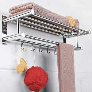 leluxe bathroom towel rack shelves - sus304 stainless steel rustproof with double towel bar & 5 hooks, shower room organizer, shelf holder, bathroom storage for towels, bathrobes, shower caddy, brush