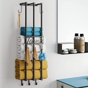 towel racks for bathroom, boiarc wall towel rack for rolled towels, 3 bar towel holder with 6 towel hooks for small bathroom, black towel rack for folded large towel washcloths