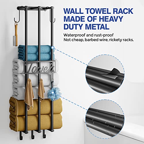 Towel Racks for Bathroom, Boiarc Wall Towel Rack for Rolled Towels, 3 Bar Towel Holder with 6 Towel Hooks for Small Bathroom, Black Towel Rack for Folded Large Towel Washcloths