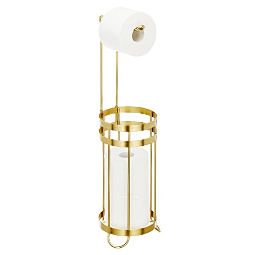 mDesign Metal Free Standing Toilet Paper Holder Stand and Dispenser, with Storage for 3 Spare Rolls - for Bathrooms/Powder Rooms - Holds Mega Rolls - Soft Brass