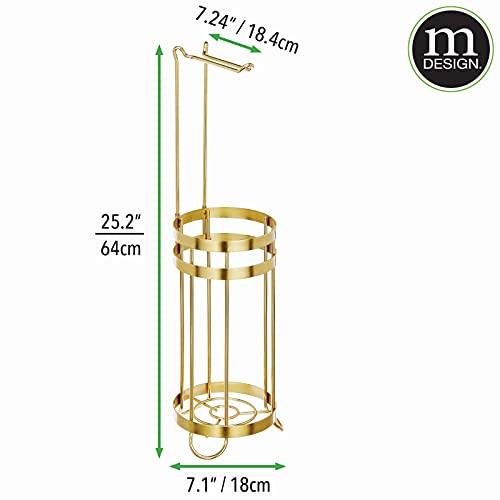 mDesign Metal Free Standing Toilet Paper Holder Stand and Dispenser, with Storage for 3 Spare Rolls - for Bathrooms/Powder Rooms - Holds Mega Rolls - Soft Brass