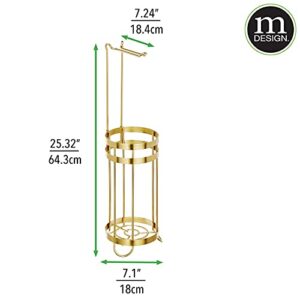 mDesign Metal Free Standing Toilet Paper Holder Stand and Dispenser, with Storage for 3 Spare Rolls - for Bathrooms/Powder Rooms - Holds Mega Rolls - Soft Brass