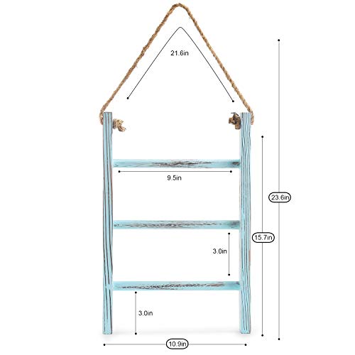 DOCMON 3-Tier Towel Rack, Wood Bathroom Decor Wall-Hanging Towel Storage Ladder with Rope for Farmhouse Room Decor (Blue)