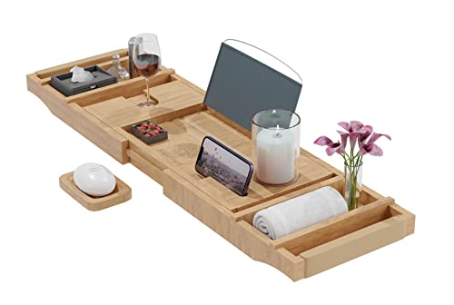 WilloCroft Bamboo Bathtub Tray – Expandable Bath Tray with Stand for Book & Tablet – Bathtub Caddy with Holder for Mobile & Wine Glass – Bath Tray with Leather Handles for Luxury Spa, Hotel & Home