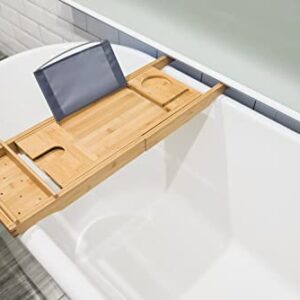 WilloCroft Bamboo Bathtub Tray – Expandable Bath Tray with Stand for Book & Tablet – Bathtub Caddy with Holder for Mobile & Wine Glass – Bath Tray with Leather Handles for Luxury Spa, Hotel & Home