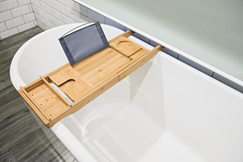 WilloCroft Bamboo Bathtub Tray – Expandable Bath Tray with Stand for Book & Tablet – Bathtub Caddy with Holder for Mobile & Wine Glass – Bath Tray with Leather Handles for Luxury Spa, Hotel & Home