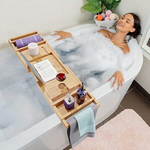 WilloCroft Bamboo Bathtub Tray – Expandable Bath Tray with Stand for Book & Tablet – Bathtub Caddy with Holder for Mobile & Wine Glass – Bath Tray with Leather Handles for Luxury Spa, Hotel & Home