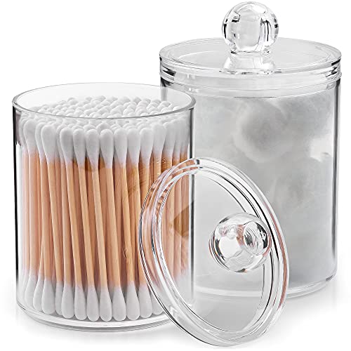 Zulay Home 2 Pack Qtip Holder Bathroom Canisters - 20oz Cotton Ball Holder - Clear Cotton Swab Holder & Qtip Dispenser - Plastic Storage Bathroom Jars with Lids Set for Cotton, Pads, Swabs, Makeup