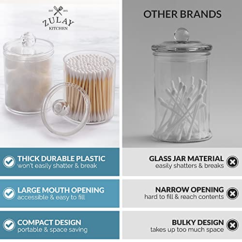 Zulay Home 2 Pack Qtip Holder Bathroom Canisters - 20oz Cotton Ball Holder - Clear Cotton Swab Holder & Qtip Dispenser - Plastic Storage Bathroom Jars with Lids Set for Cotton, Pads, Swabs, Makeup