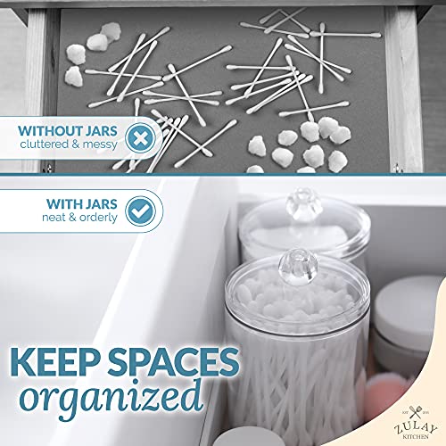 Zulay Home 2 Pack Qtip Holder Bathroom Canisters - 20oz Cotton Ball Holder - Clear Cotton Swab Holder & Qtip Dispenser - Plastic Storage Bathroom Jars with Lids Set for Cotton, Pads, Swabs, Makeup