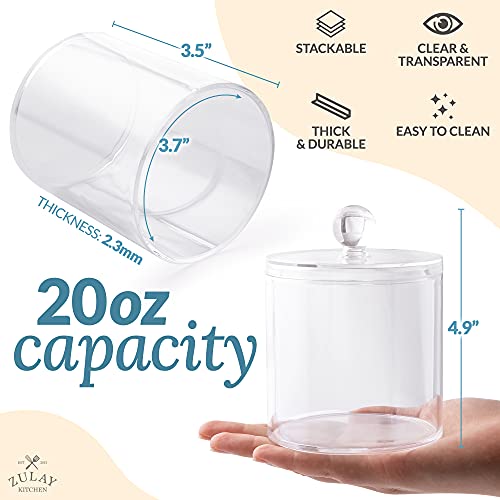 Zulay Home 2 Pack Qtip Holder Bathroom Canisters - 20oz Cotton Ball Holder - Clear Cotton Swab Holder & Qtip Dispenser - Plastic Storage Bathroom Jars with Lids Set for Cotton, Pads, Swabs, Makeup