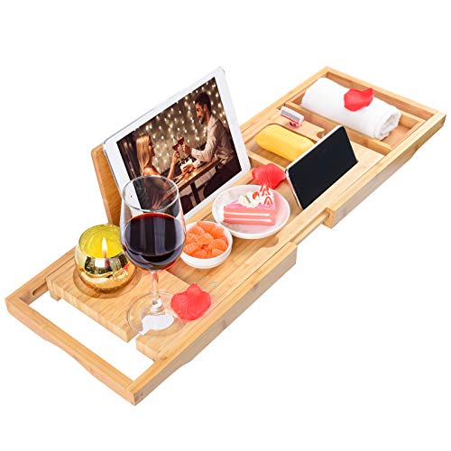 Bamboo Bathtub Caddy Tray,Expandable with Wine Slots and Book Holder Bath Tray for Tub, Organizer Bath Table Suitable for Luxury Spa or Reading