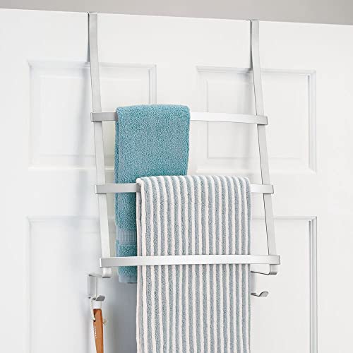 mDesign Modern Decorative Metal Over Shower Door Towel Rack Holder Organizer with Storage Hooks - for Bathroom Towels, Washcloths, Hand Towels, Loofahs and Sponges - Chrome