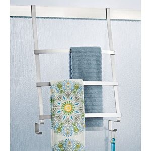 mDesign Modern Decorative Metal Over Shower Door Towel Rack Holder Organizer with Storage Hooks - for Bathroom Towels, Washcloths, Hand Towels, Loofahs and Sponges - Chrome