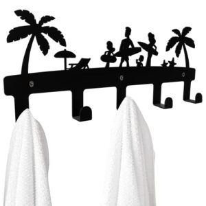 family beach towel rack for bathroom wall mount towel holder black metal towel racks rustproof and waterproof robes coat holder bedroom hanger living room wall-mounted-5 hooks 16 inch