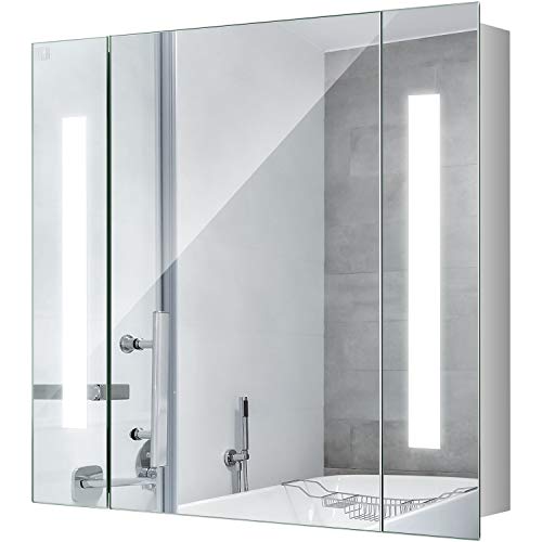 DANGJIN 25 x 23 Inch LED Lighted Bathroom Medicine Cabinet with Mirror, Aluminum Surface Led Medicine Cabinet, Adjustable Glass Shelves, Waterproof and Rust-Resist, Wiring Power Supply, On/Off Button