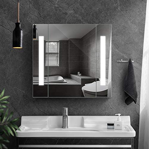 DANGJIN 25 x 23 Inch LED Lighted Bathroom Medicine Cabinet with Mirror, Aluminum Surface Led Medicine Cabinet, Adjustable Glass Shelves, Waterproof and Rust-Resist, Wiring Power Supply, On/Off Button