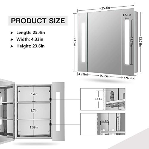 DANGJIN 25 x 23 Inch LED Lighted Bathroom Medicine Cabinet with Mirror, Aluminum Surface Led Medicine Cabinet, Adjustable Glass Shelves, Waterproof and Rust-Resist, Wiring Power Supply, On/Off Button