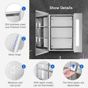 DANGJIN 25 x 23 Inch LED Lighted Bathroom Medicine Cabinet with Mirror, Aluminum Surface Led Medicine Cabinet, Adjustable Glass Shelves, Waterproof and Rust-Resist, Wiring Power Supply, On/Off Button