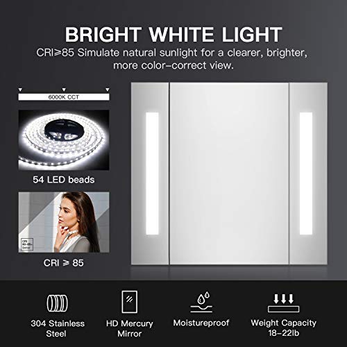 DANGJIN 25 x 23 Inch LED Lighted Bathroom Medicine Cabinet with Mirror, Aluminum Surface Led Medicine Cabinet, Adjustable Glass Shelves, Waterproof and Rust-Resist, Wiring Power Supply, On/Off Button