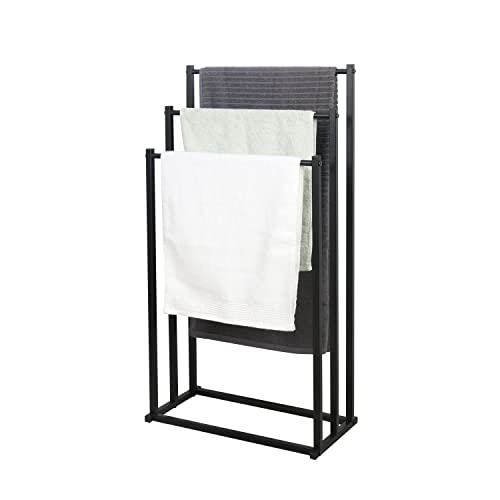 ZOES HOMEWARE Freestanding Towel Rack | 3 Tier Stainless Steel Bathroom Racks for Quilt & Towel | Stylish and Space-Saving Towel Stand Racks for Bathroom, Pool, Indoor, Outdoor, Floor | Black