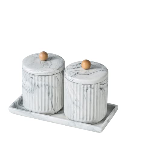 Redelaenor Marble Small Bathroom Jar Set ，Ceramic Cotton Swabs Holder with Lid and Dresser Organizer Set Tray for Storage and Organizing in Bathroom, Dresser, Kitchen, Office