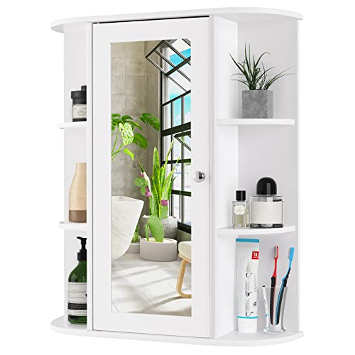 COSTWAY Wall Mounted Bathroom Cabinet - Storage Organizer with Mirror Door, Adjustable Shelves & 6 Open Racks, Space-Saving Hanging Medicine Cabinet for Living Room Kitchen Entryway (White)