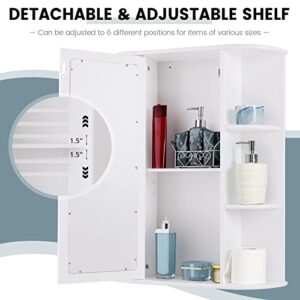 COSTWAY Wall Mounted Bathroom Cabinet - Storage Organizer with Mirror Door, Adjustable Shelves & 6 Open Racks, Space-Saving Hanging Medicine Cabinet for Living Room Kitchen Entryway (White)