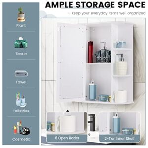 COSTWAY Wall Mounted Bathroom Cabinet - Storage Organizer with Mirror Door, Adjustable Shelves & 6 Open Racks, Space-Saving Hanging Medicine Cabinet for Living Room Kitchen Entryway (White)