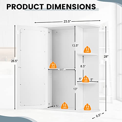 COSTWAY Wall Mounted Bathroom Cabinet - Storage Organizer with Mirror Door, Adjustable Shelves & 6 Open Racks, Space-Saving Hanging Medicine Cabinet for Living Room Kitchen Entryway (White)